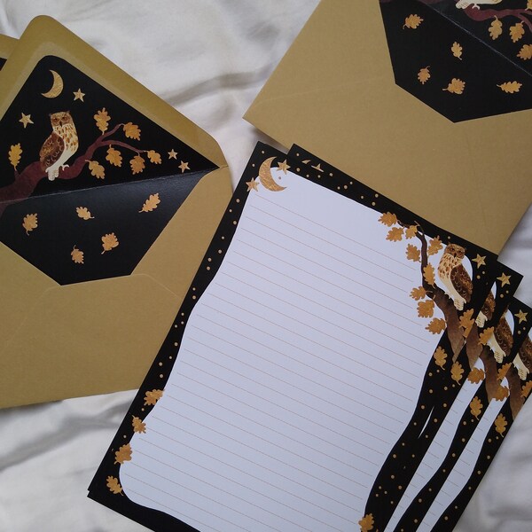 Letter Writing Set Owl and Autumnal Oak Leaves, Moon and Stars A5 Paper ...