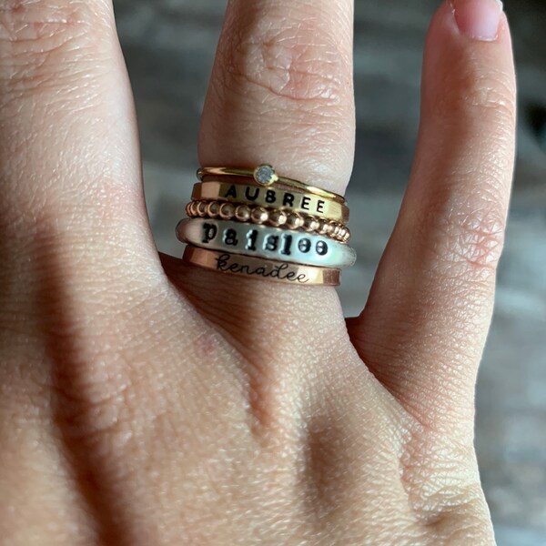 Handmade Stacking Name Rings | Stackable Name Rings With Texture | Mixed Metals Artisan ...