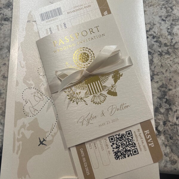 Sage Green Passport and Ticket Invitation. Gold Foil Passport With Sage ...