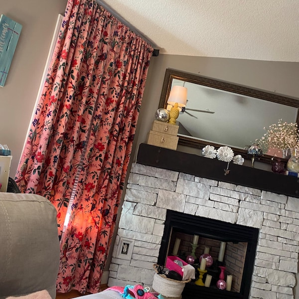 Vintagecotton Velvet Coral Orange Color Bird Print Luxury Curtain ...