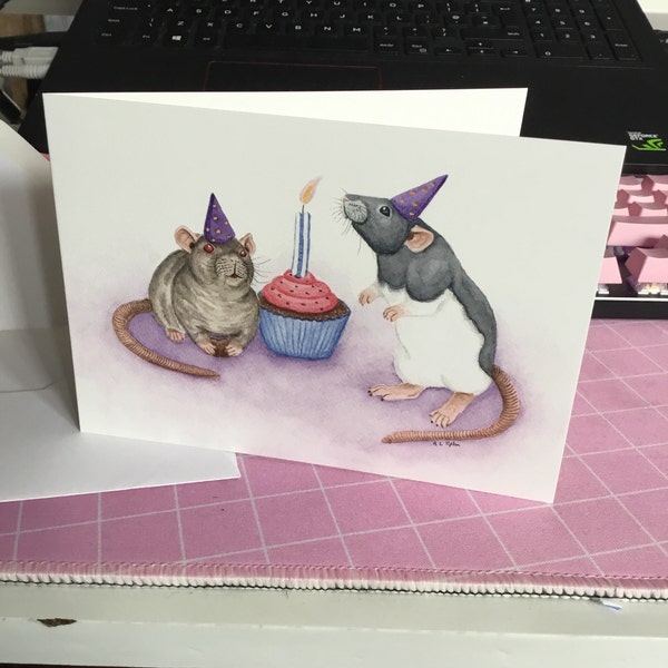 Rat Birthday Card - Two Rats Enjoying a Birthday Cake and Party - Rat ...