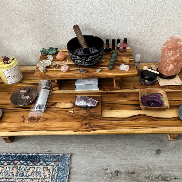 2 Altar Table Set, 2 Tier Altar Tables, Teak Wood, Crystal Shelf, Small ...