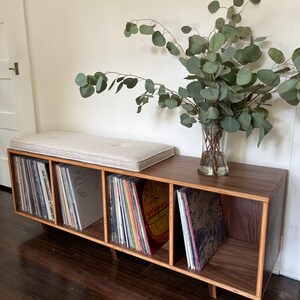 HIFI Vinyl Storage Bench With Component Shelf with Mid Century Modern ...