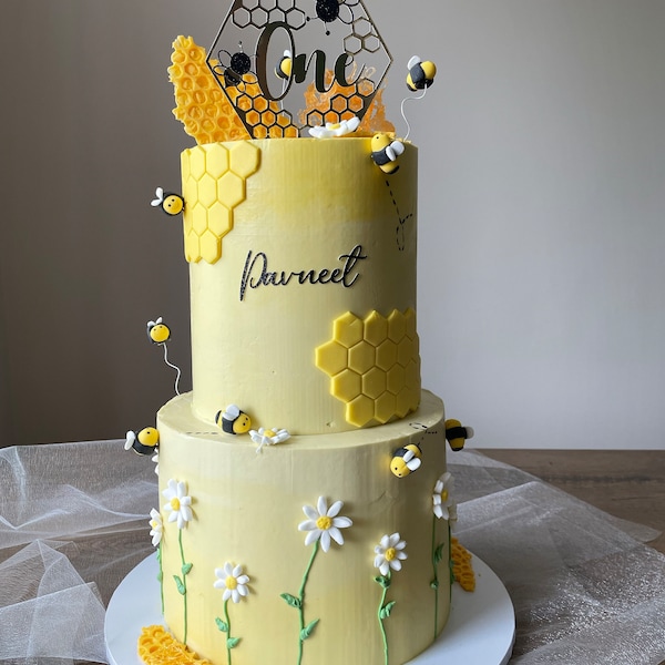 Bee Personalised Honeycomb Gold Cake Topper - One - Gold and Black ...