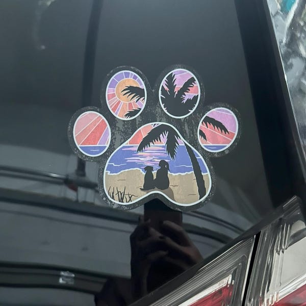 Dog Paw Print Beach Girl With Dog Clear Vinyl Sticker || Ocean Stickers ...