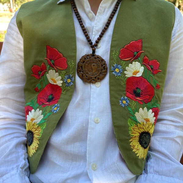 Green Vest With Floral Embroidery - Spanish Flowers - Handcrafted From ...