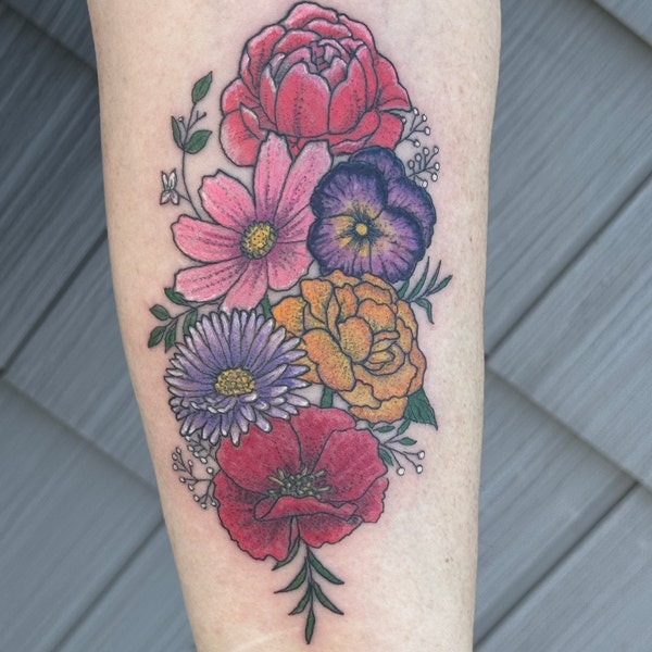 Up to 7 Flowers Custom Birth Flower Tattoo Design Personalized Floral ...