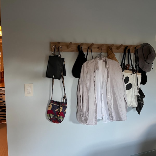 Dowel Peg Rail With Straight Edge by TOMAZIN | Oak Hook Board, Coat Hat ...