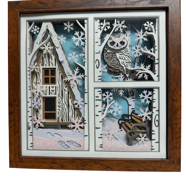 3D SVG Winter Shadow Box, Layered Owl Shadow Box Svg, Snowflakes 3D Svg Birch Forest 3d Svg ...
