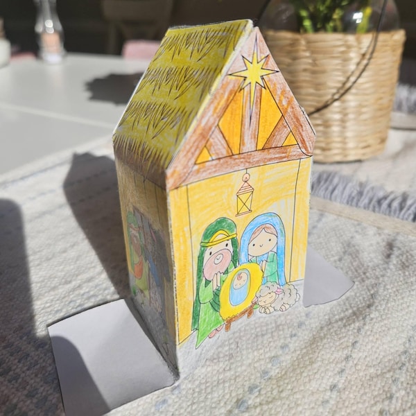 3D Nativity Scene Paper House Template, Christmas Coloring Craft for ...