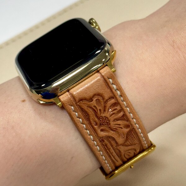 Hand Tooled Leather Apple Watch Strap, Brown - Etsy