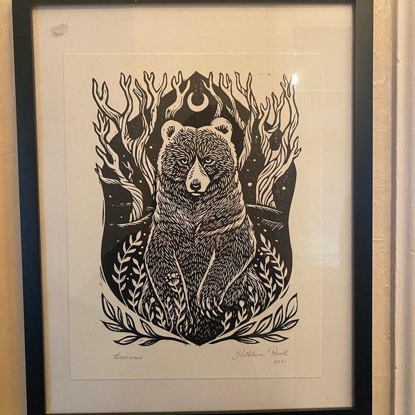 Bearwood Linocut Block Print - Artist Print - Rustic Bear Illustration ...