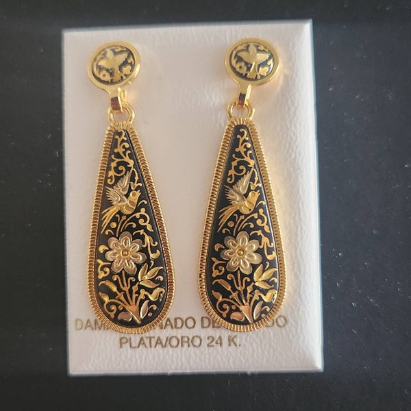 Spanish Long Drop Women's Earrings Spain 24K Gold & Steel -flowers - Etsy