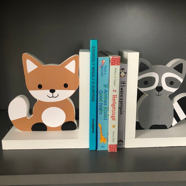 Fox and Raccoon Wood Bookends - Custom Created to Coordinate With Your ...