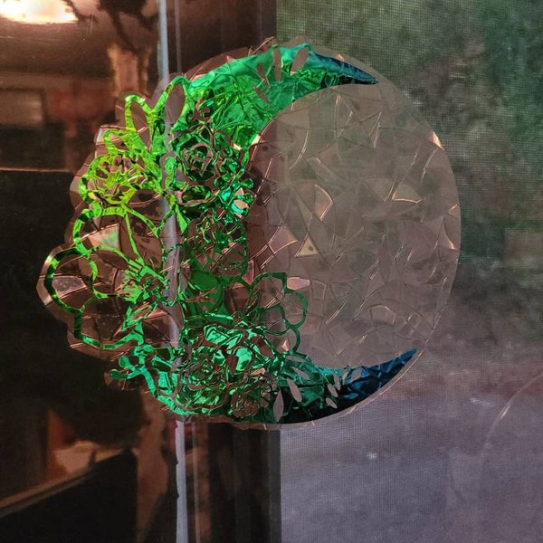 Floral Crescent Moon Glass Window Static Cling // Produces Rainbows ...