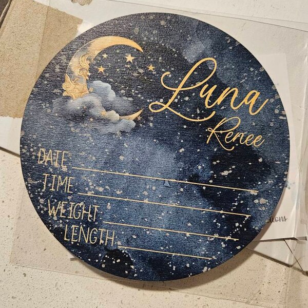 Crescent Moon Birth Stat Sign, Birth Stat Sign, Round Wood Birth Stat ...