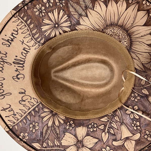 Hand Burned Custom Wide Brim Fedora Hat | Floral, Flower, Sunflower, Summer, Derby, Concert ...