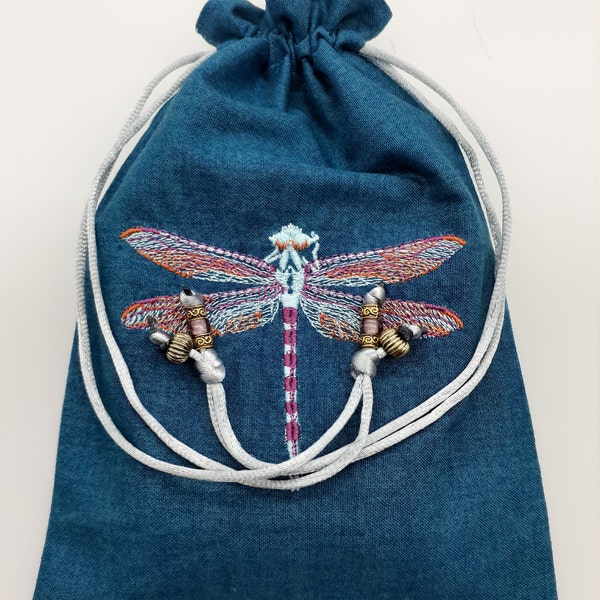 Embroidered Dragonfly Drawstring Bag, Handmade, Silk Lined - Etsy
