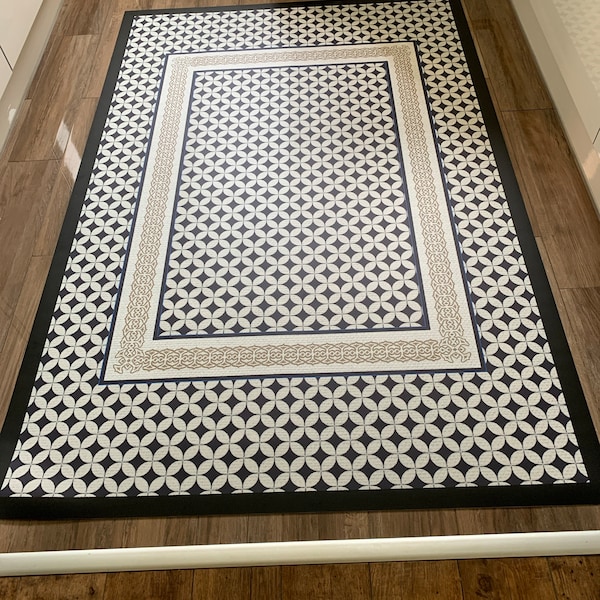 Round Circle #3M Vinyl Floor Mat, Vinyl Rug, Vinyl Mat, Oriental, Blue ...