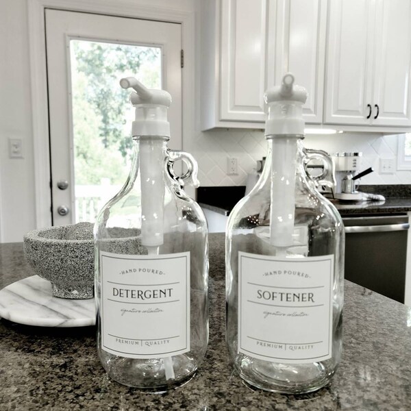 Set of 3, CLEAR 1/2 Gallon Laundry Jugs - Detergent, Softener + Bleach ...