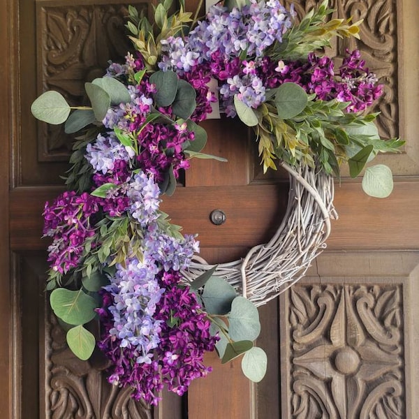 Lilac Spring Wreath With Draping Eucalyptus and Ruscus on a Whitewashed ...