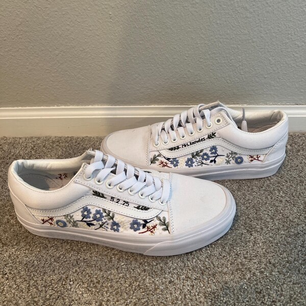 Wedding Vans for Bride and Groom, Blue Flowers Embroidered Vans Custom ...