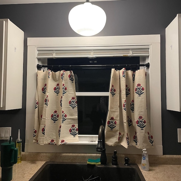 Red Blue Poppy Print Valance, Cafe Curtains, Small Size Panels, Kitchen ...