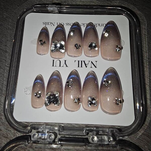 Handmade Starry Black Pink Glass Bead Cat Eye Press on Nails Rose Pink ...
