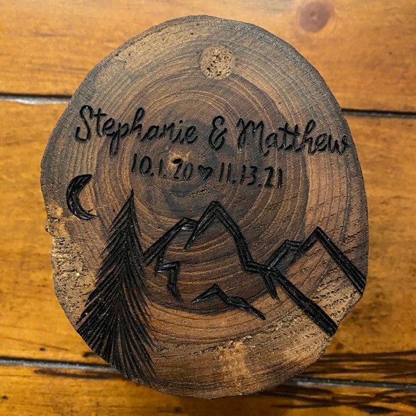 Personalized Wooden Wedding Ring Box - Mountain Pine Tree Birds Rustic ...