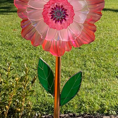 Plate Flower Copper Stem, Rebar Cover, With Two Stained Glass Leaves ...