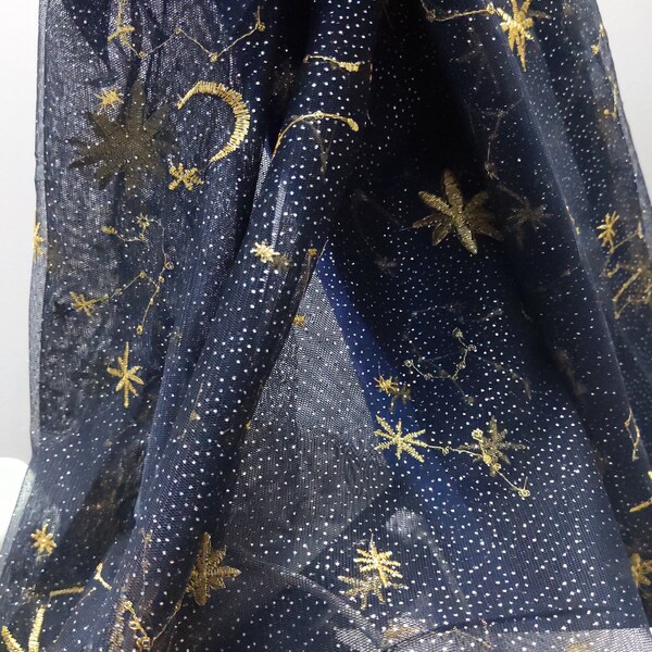 Embroidered Moon Pattern Lace Fabric, Gold Glitter Star Moon Embroidery ...