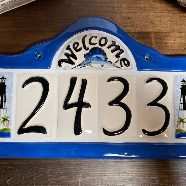 Beach Address Plaque With 3 Numbers + Sea Oats End Tiles - Custom ...