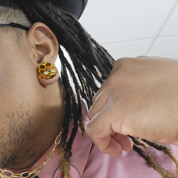 Honey Bee Plugs 19mm-25mm With Bee's Honeycombs, Dripping Honey, Pair ...