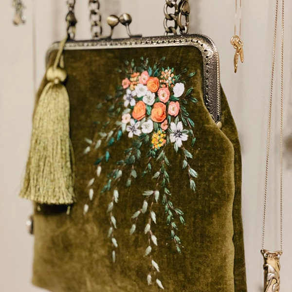 Terracotta Velvet Bag With Flower Embroidery, Handmade Vintage Bag, Top ...