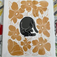 Handmade Original Linocut Print of Snuggly Cats unframed, Printed in ...