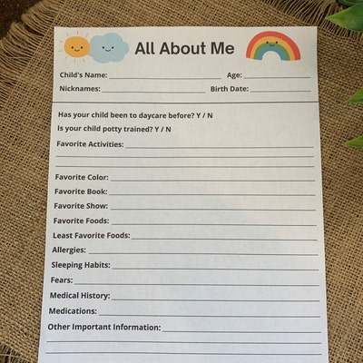 Daycare All About Me Form Daycare Questionnaire Get to - Etsy