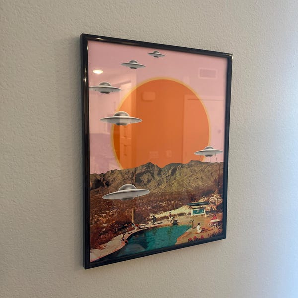 Alien Escapade Art Print | Surreal Mountain Landscape Cosmic Aliens UFO ...