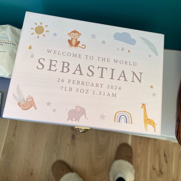 Personalised Safari Animals White Wooden Keepsake Box | Keepsake Box ...