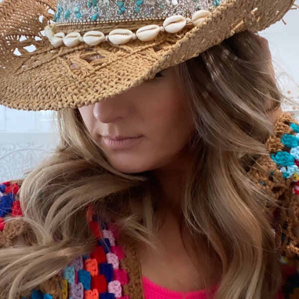 Sandy Golden Turquoise Beach Cowboy Hat - Shell Band Gold and Silver ...