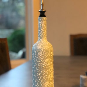 Hand Painted Wine Bottle Olive Oil Pourer, Turquoise and White, Vibrant ...