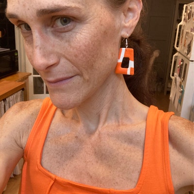 Retro Orange and White Print Slanted Rectangle Dangle Polymer Clay ...