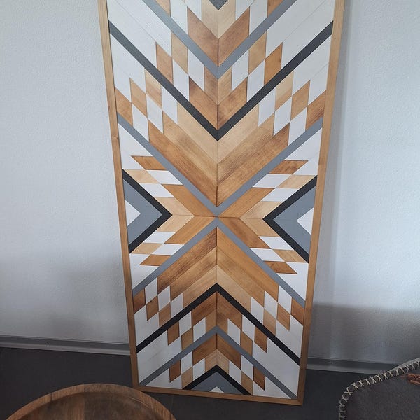Geometric Wood Wall Art, Large Aztec Wooden Panel, Rustic Barn Quilt ...