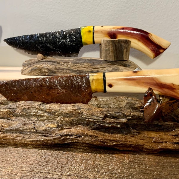 Rainbow Obsidian Knife With Flame Box Elder Handle - Flintknapped ...