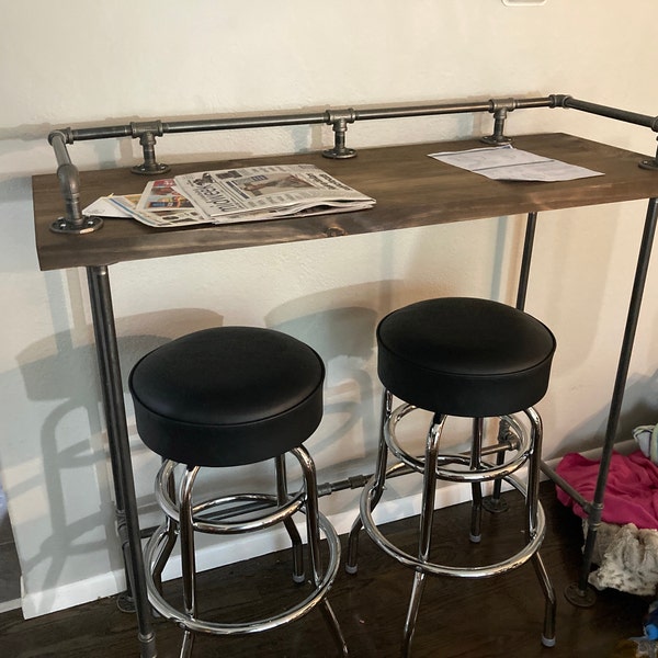 Industrial Vintage Style High Bar Table With Drink Rail, Solid Wood ...