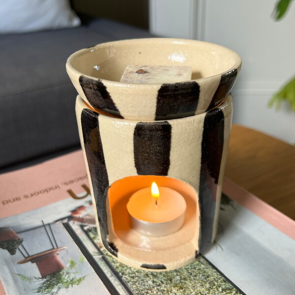 Stripe Ceramic Wax Burner, Ceramic Oil Burner, Handmade Black Pot ...