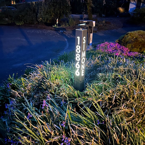 43" Tall Custom Stainless Steel Address Sign, Solar Powered LED Lighted ...