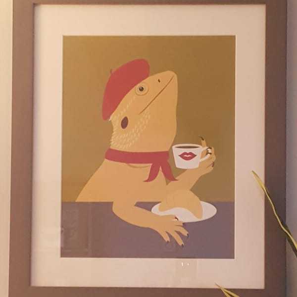 7RP Lizard Print Bearded Dragon Drinking Coffee and Eating Croissant ...