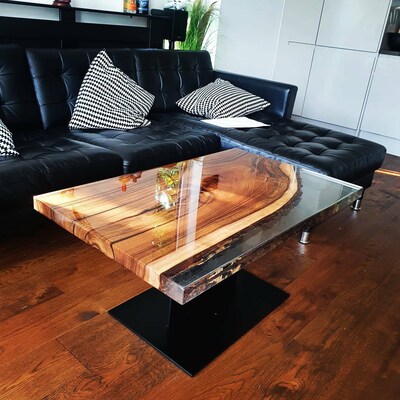 Custom Live Edge Coffee Table Made of Walnut, Crystal Transparent UV ...