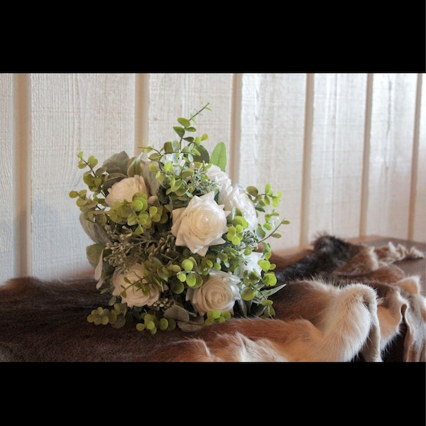 Boho Rose Wedding Bouquet, Realistic White Roses & Greenery Bridal ...