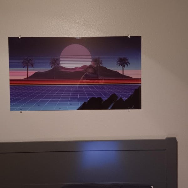 Retro Synthwave Glass Art: Vibrant Neon Sunset With Palm Trees and Grid ...